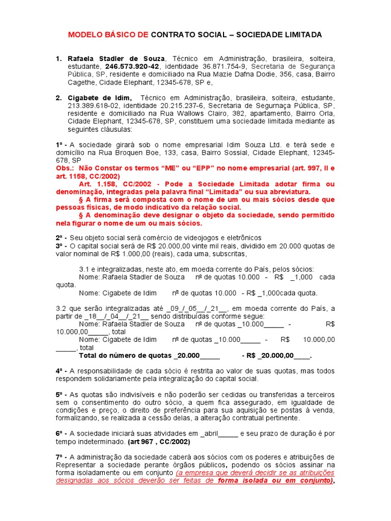 Modelo básico de contrato social para constituição de sociedade ...