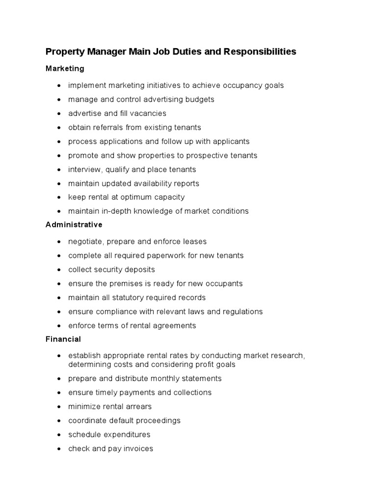 Property Manager Main Job Duties and Responsibilities | PDF | Landlord ...