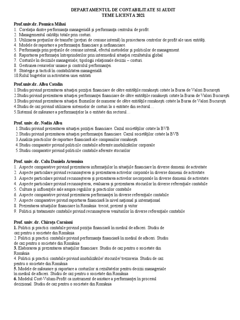 Teme Licenta Dep - Contabilitate Si Audit 2020 2021 | PDF