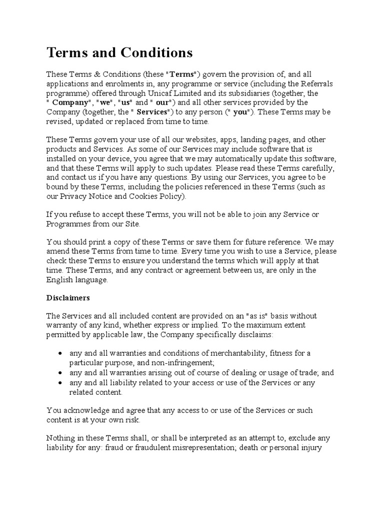 UNICAF Terms and Conditions | PDF | Indemnity | Fee