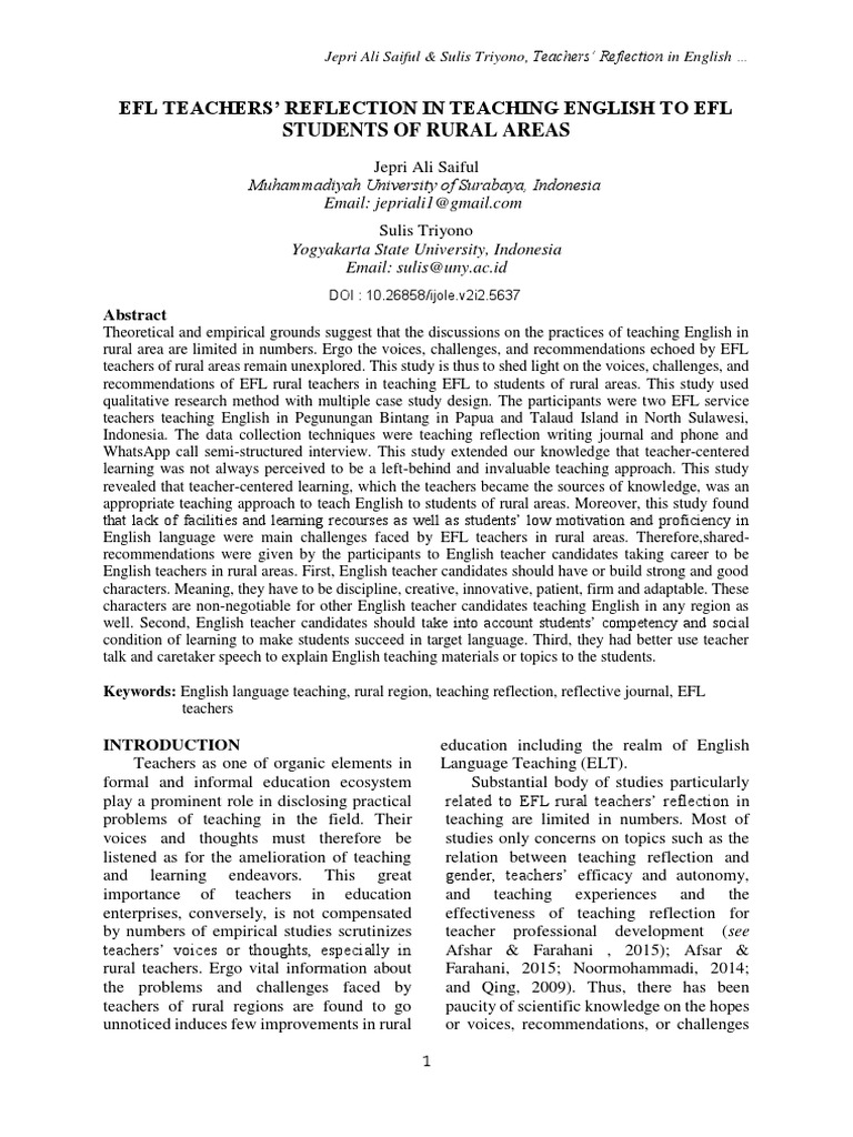 Voices from the Field: A Study of EFL Teachers' Reflections on Teaching ...