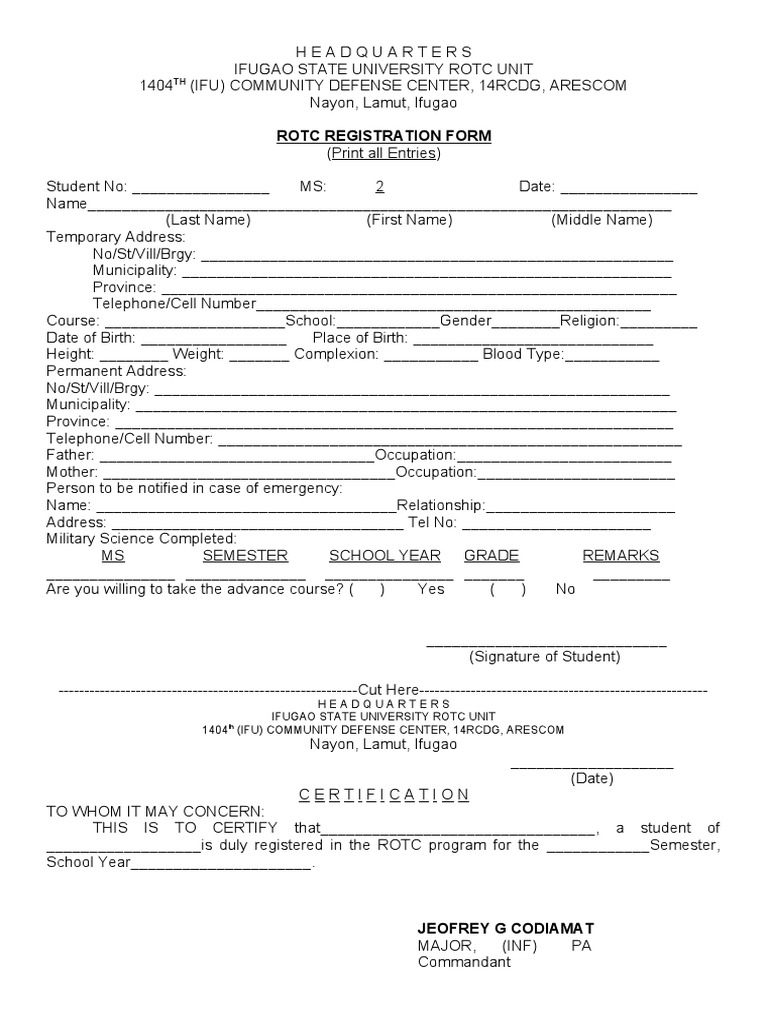 ROTC Registration Form Ifugao | PDF | Business