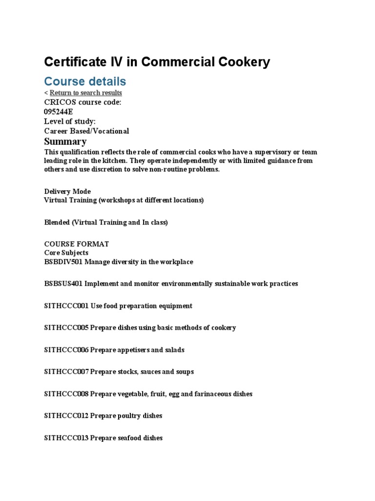Certificate IV in Commercial Cookery: Course Details | PDF