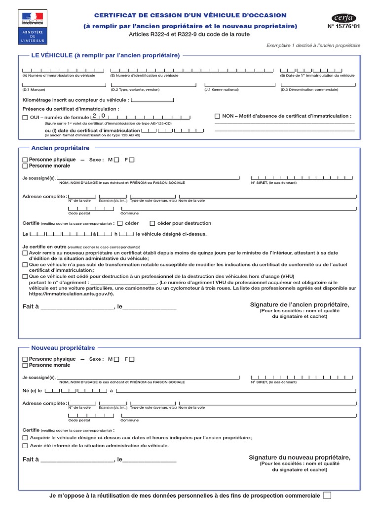 Cerfa Declaration Cession Vehicule Cerfa 15776 01 | PDF | Transport ...