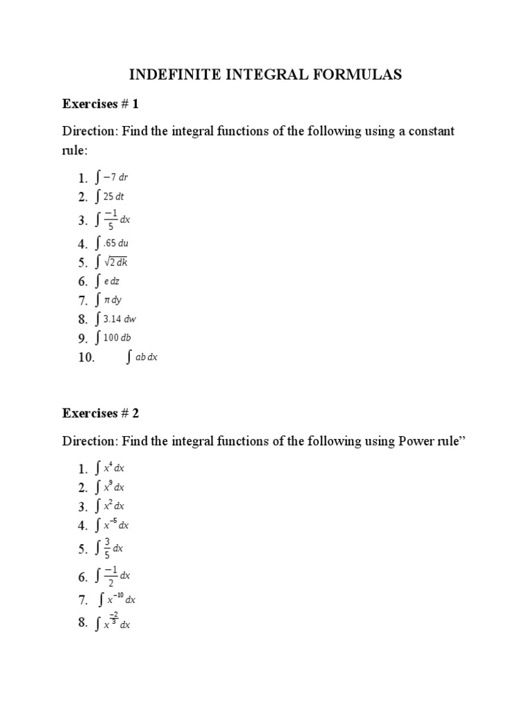 INTEGRAL FORMULAS Exponent | PDF | Calculus | Mathematical Analysis