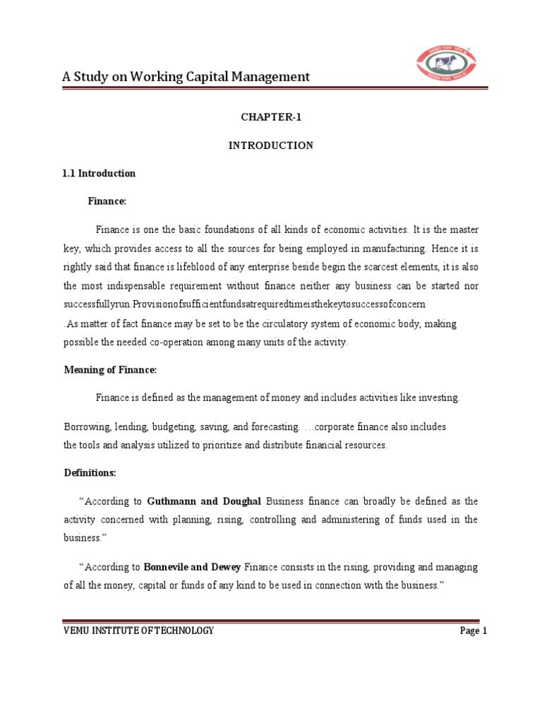 A Study On Working Capital Management: Chapter-1 Finance | PDF ...