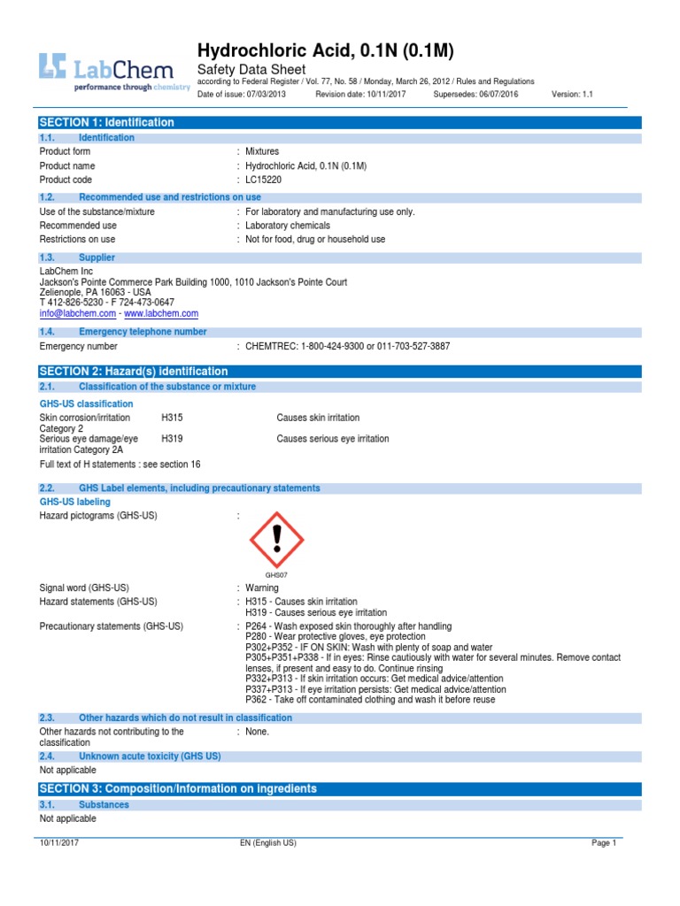 Hydrochloric Acid, 0.1N (0.1M) : Safety Data Sheet | PDF | Firefighting ...
