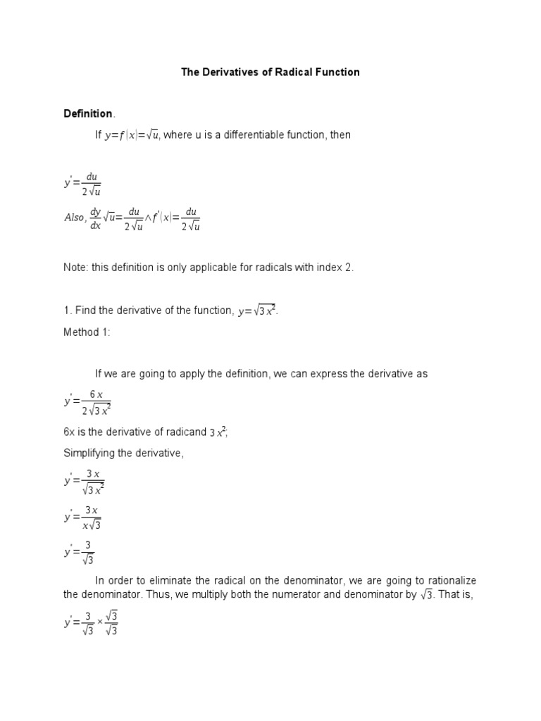 The Derivatives of Radical Function Final | PDF | Derivative | Algebra