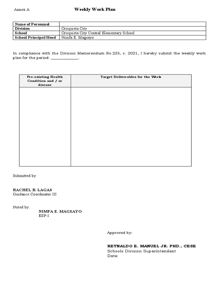 Weekly Work Plan: Name of Personnel Division School School Principal ...