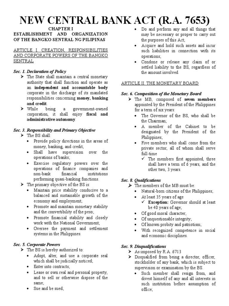 New Central Bank Act (R.A. 7653) : Establishment and Organization of ...