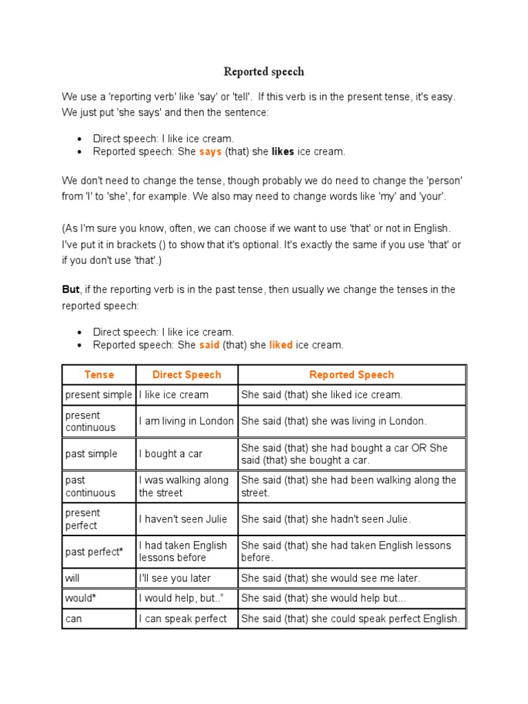 Reported Speech: But, If The Reporting Verb Is in The Past Tense, Then ...