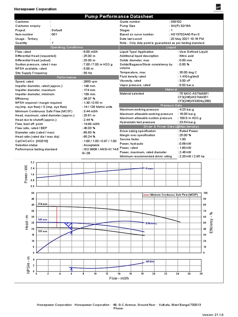 Pump Performance Datasheet: Operating Conditions Liquid | PDF ...