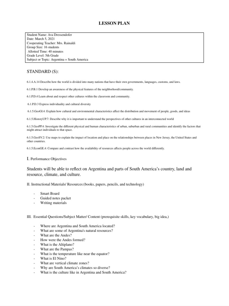 Argentina and South America Lesson Plan | PDF | Lesson Plan | Education ...