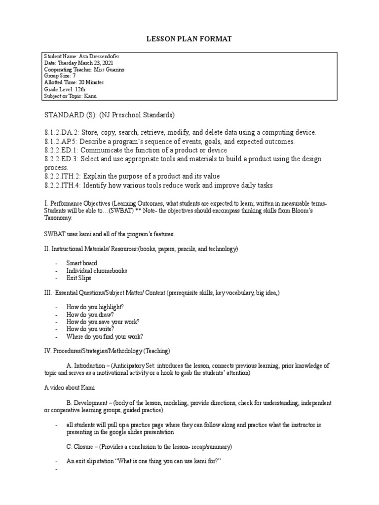 Kami Lesson Plan | PDF | Lesson Plan | Teaching