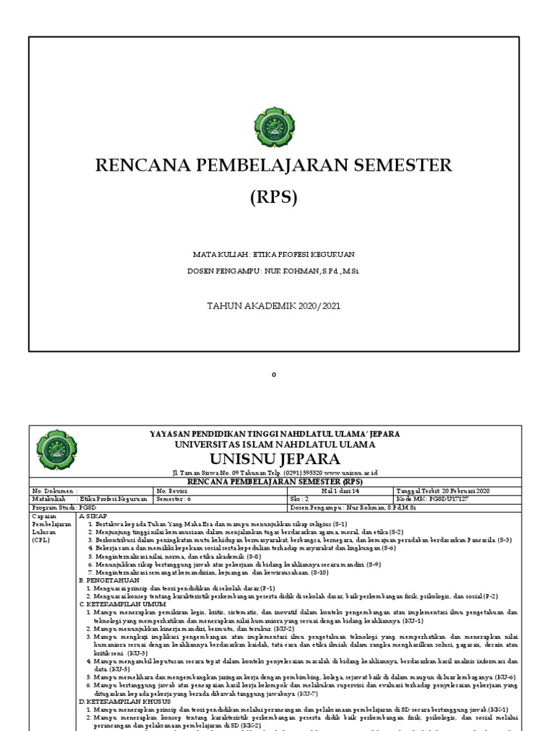0 RPS Etika Profesi Keguruan Unisnu | PDF | Karier & Perkembangan ...