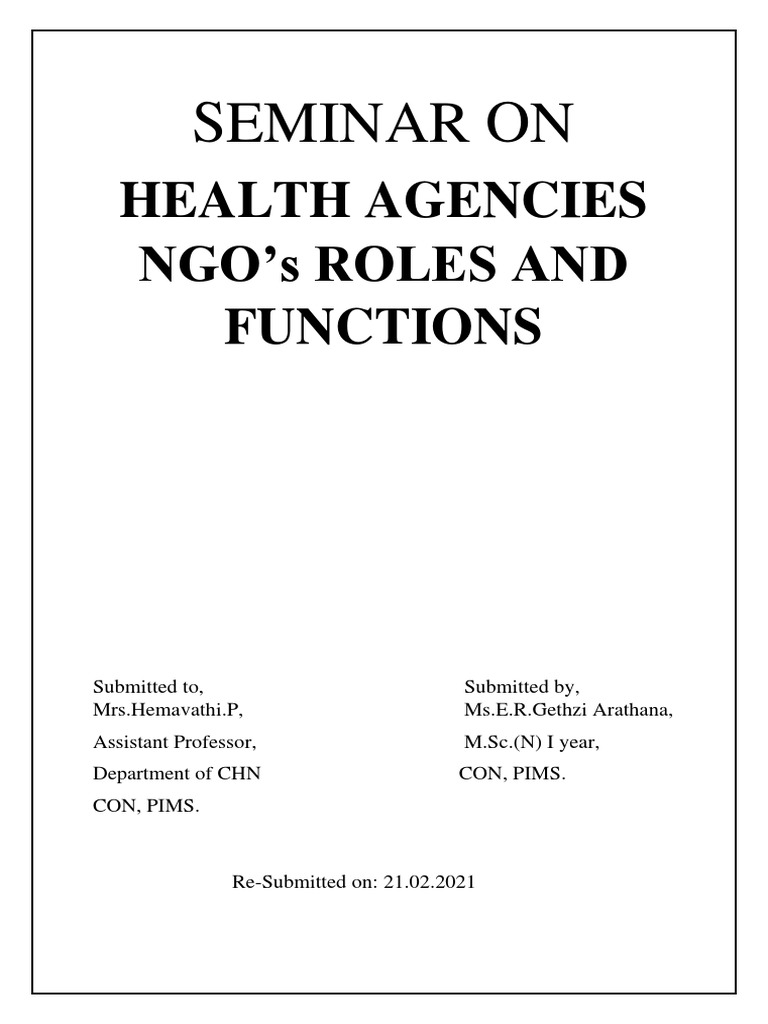 Health Agencies NGOs Roles and Functions | PDF | Non Governmental ...