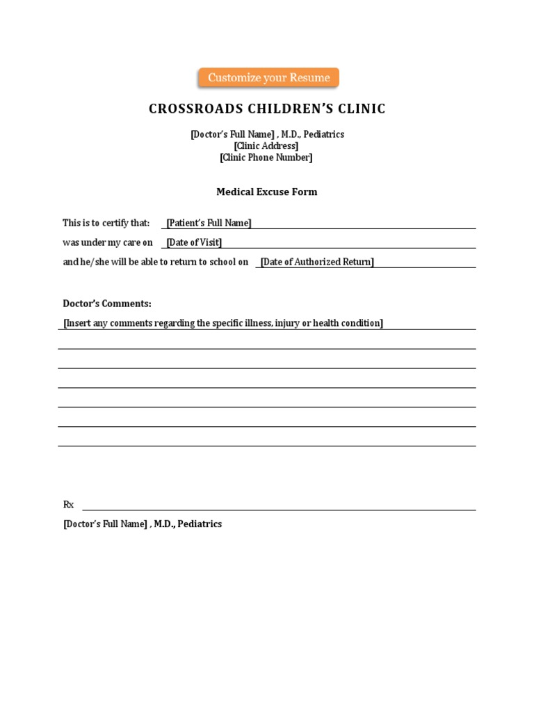 Childrens Clinic Medical Excuse Form Template | PDF
