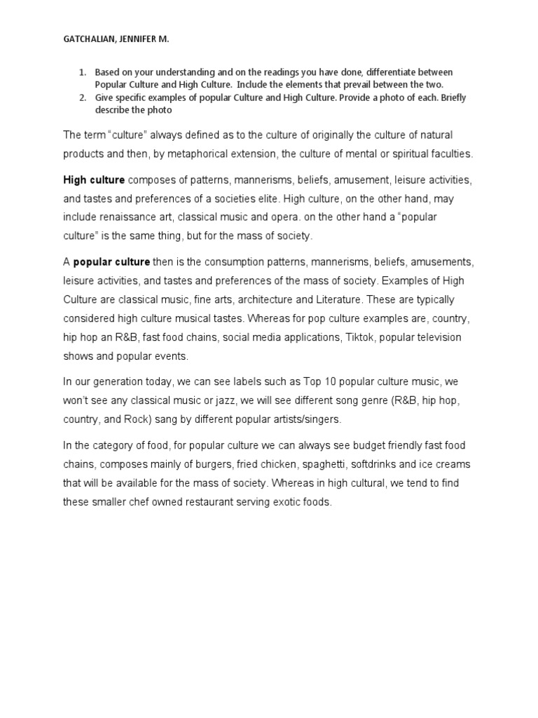 Gatchalian, Jennifer M. - High Culture and Pop Culture | PDF | Popular ...