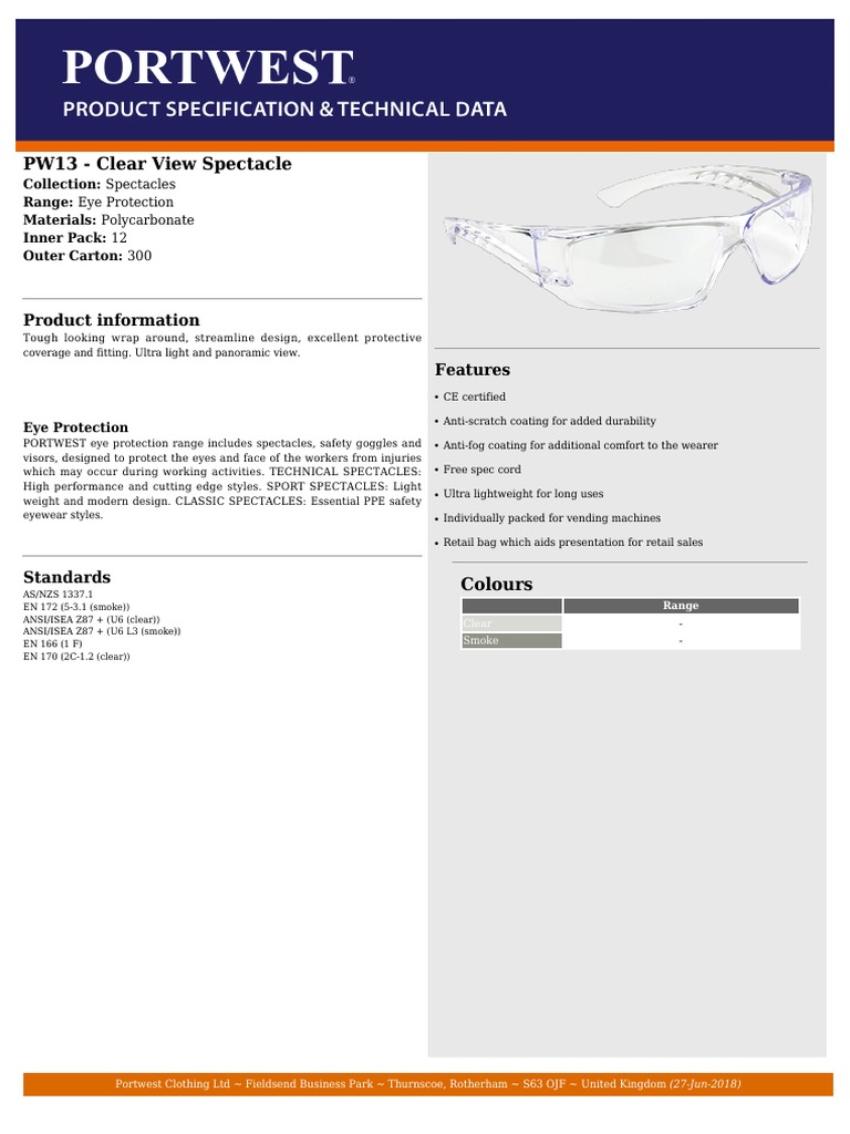 Portwest Pw13 Clear View Safety Glasses Clear Data Sheet | PDF ...