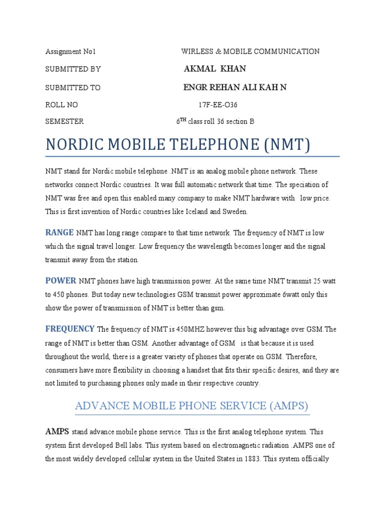 Nordic Mobile Telephone (NMT) : Akmal Khan Engr Rehan Ali Kah N | PDF ...