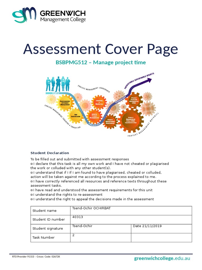 Assessment Cover Page: BSBPMG512 - Manage Project Time | PDF | Project ...