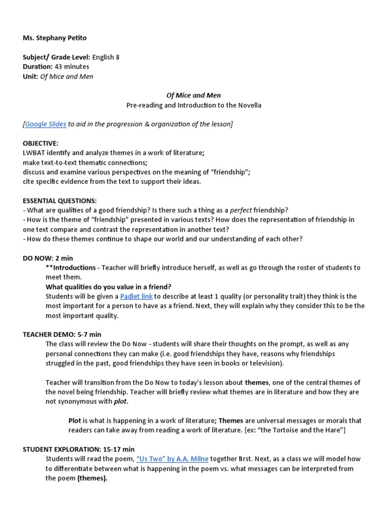 Of Mice and Men - Introductory Lesson Demo Lesson Plan | PDF ...