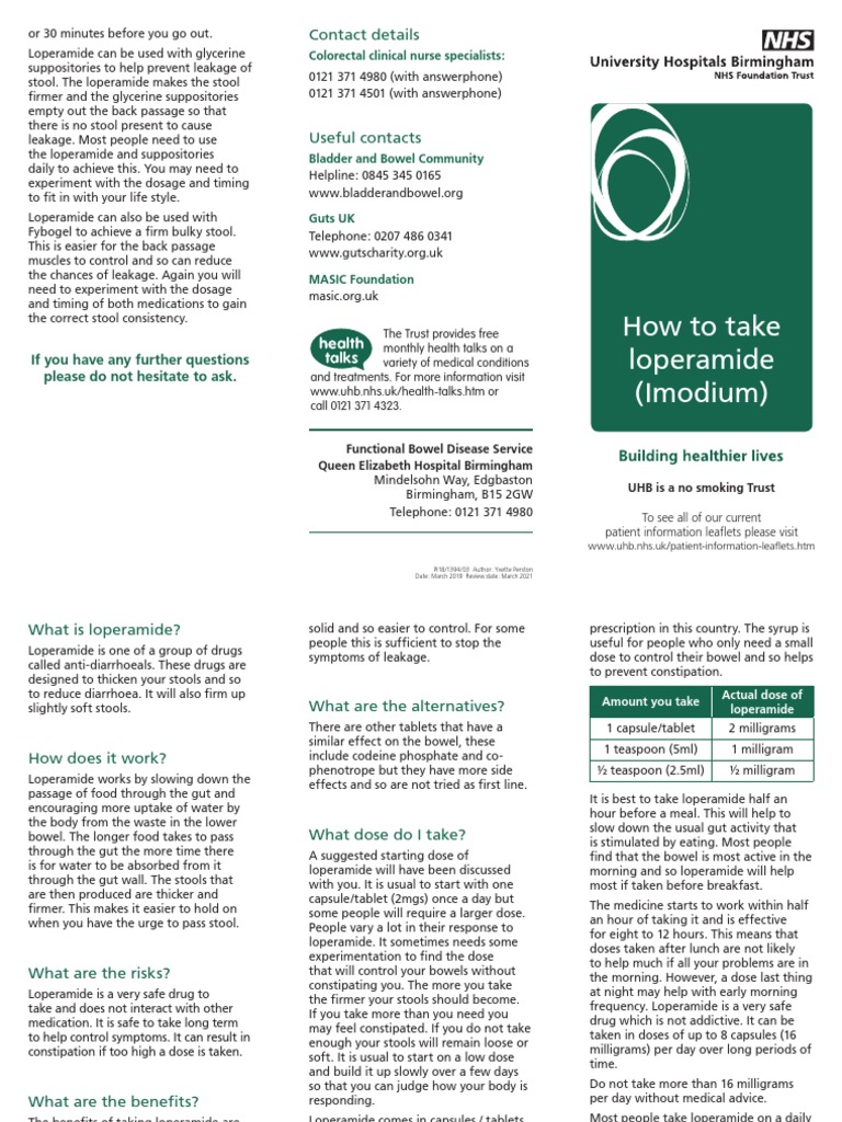 How To Take Loperamide (Imodium) : Contact Details | PDF | Dose ...