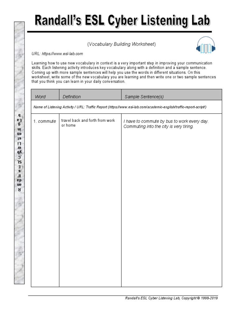 (Vocabulary Building Worksheet) : Word Sample Sentence(s) | PDF