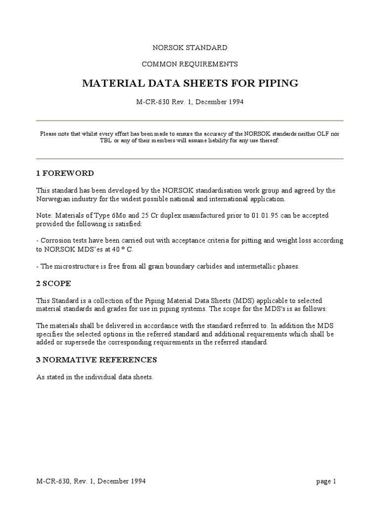 Material Data Sheets For Piping: 1 Foreword | Download Free PDF ...