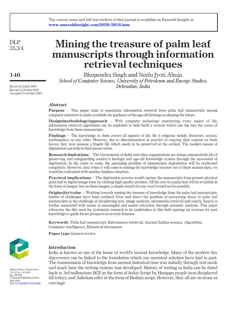 Mining The Treasure of Palm Leaf Manuscripts Through Information Retrieval Techniques | PDF ...