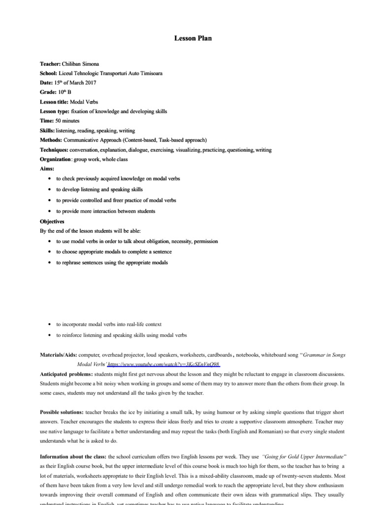 Lesson Plan Modal Verbs | PDF | Teachers | Linguistics