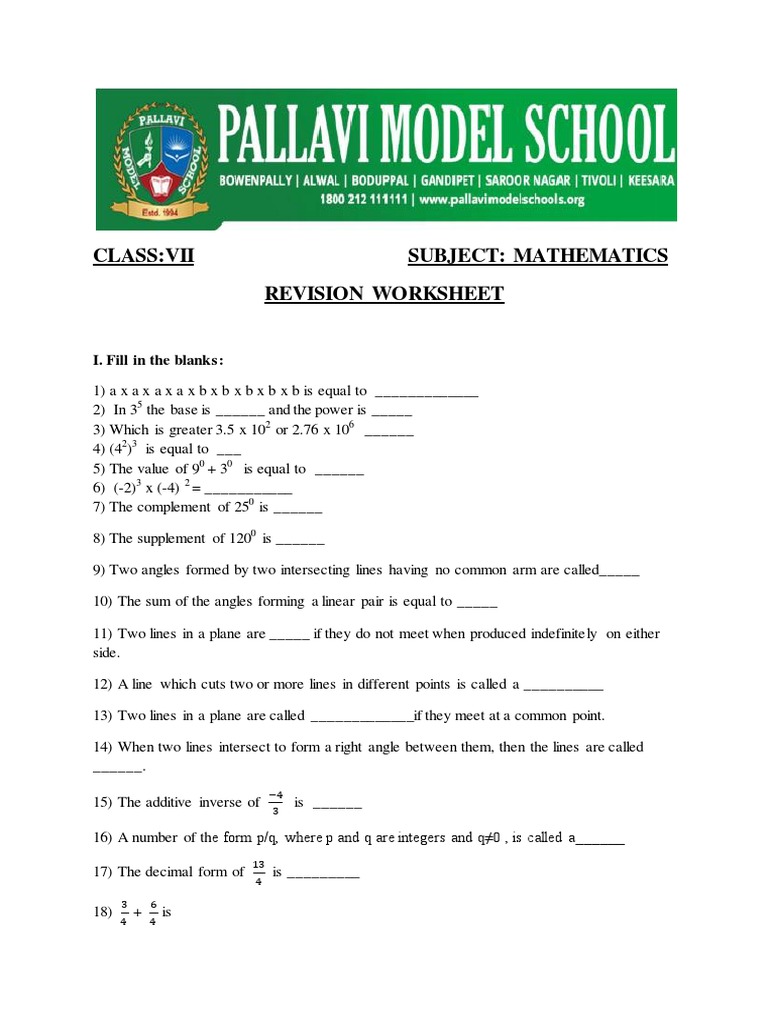 Revision Worksheet: Mathematics - Class VII | PDF | Triangle | Mathematical Objects