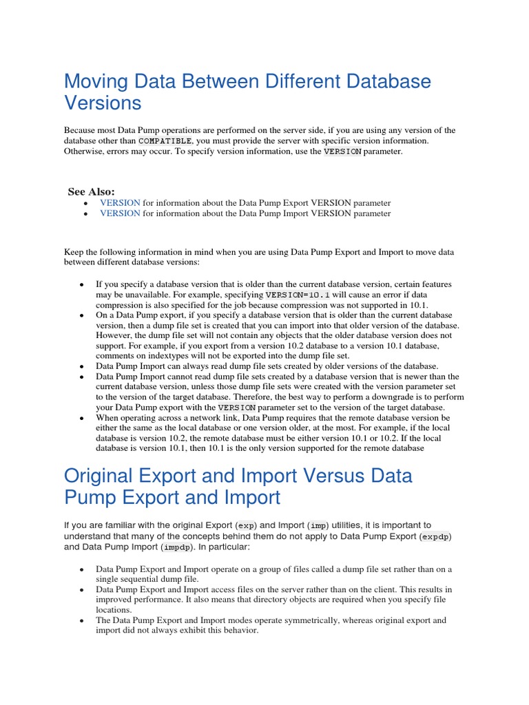 Moving Data Between Different Database Versions: See Also | PDF ...