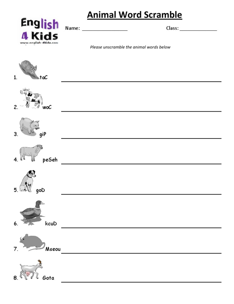 Animal Word Scramble for Kids | PDF | Wellness | Science & Mathematics