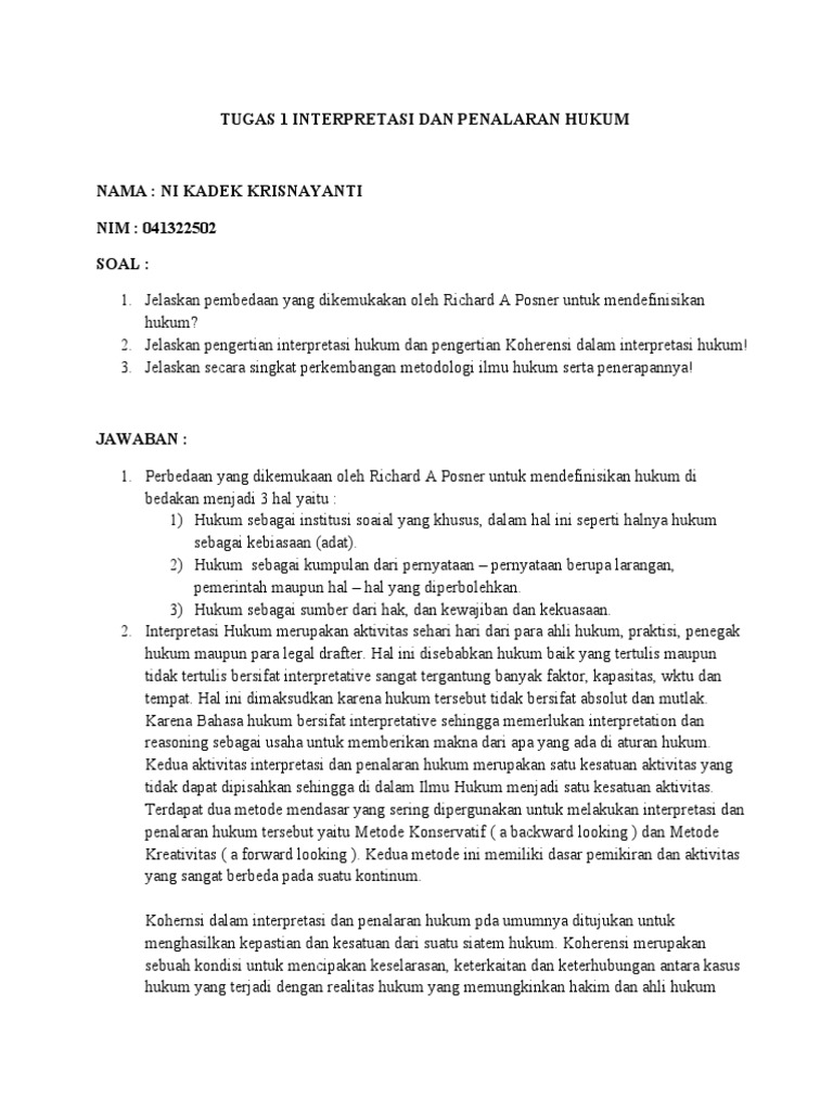 Tugas 1 Interpretasi Dan Penalaran Hukum | PDF