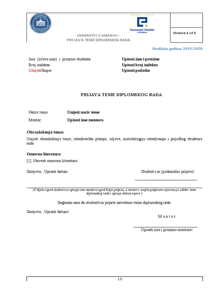 Obrazac Prijava Teme Diplomskog Rada 1 | PDF