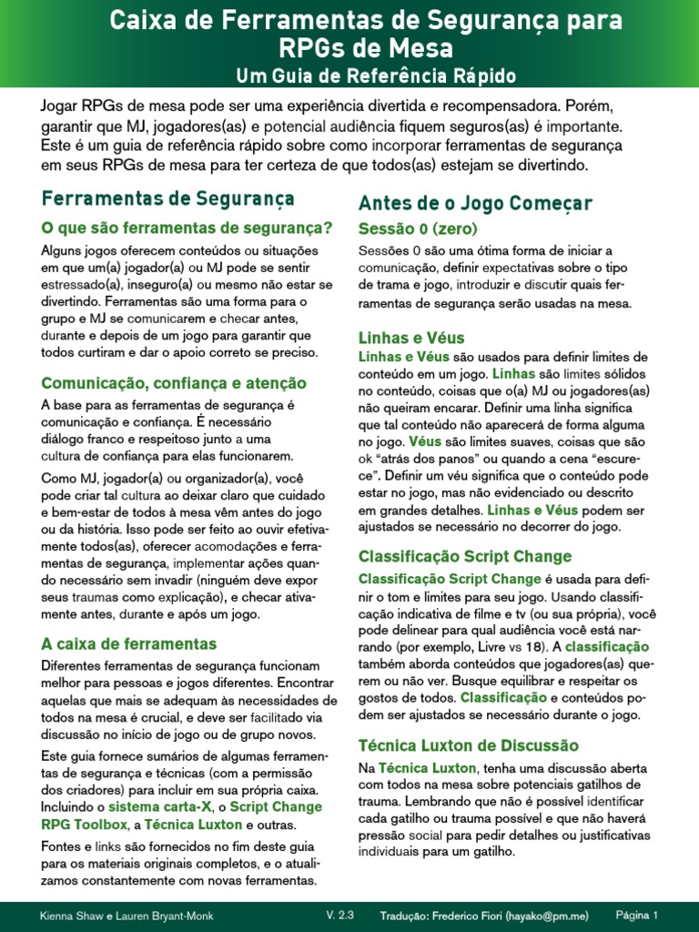 Ferramentas de Segurança (TTRPG Safety Toolkit Guide v2.3 - Brazilian ...