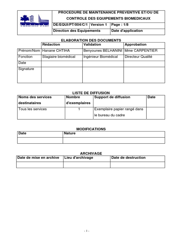 PROCEDURE DE MAINTENANCE PREVENTIVE ET - OU DE CONTROLE DES EQUIPEMENTS ...