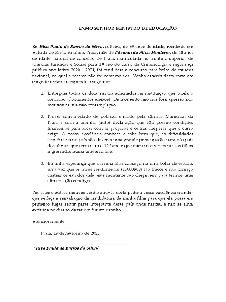 Exmo Senhor Ministro de Educação e Ensino Superior | PDF