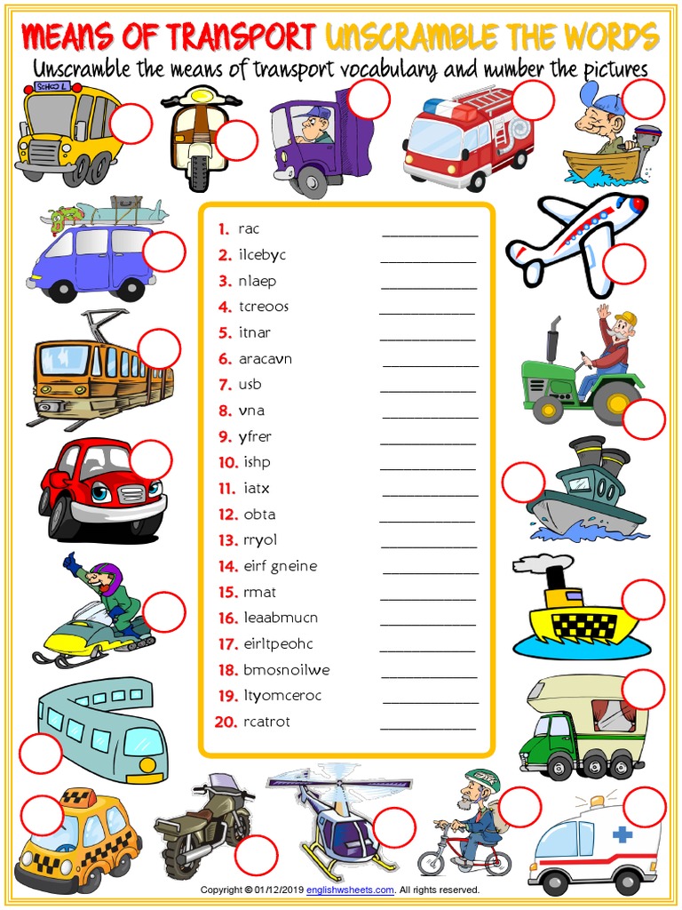 Means of Transport Vocabulary Esl Unscramble The Words Worksheet For ...