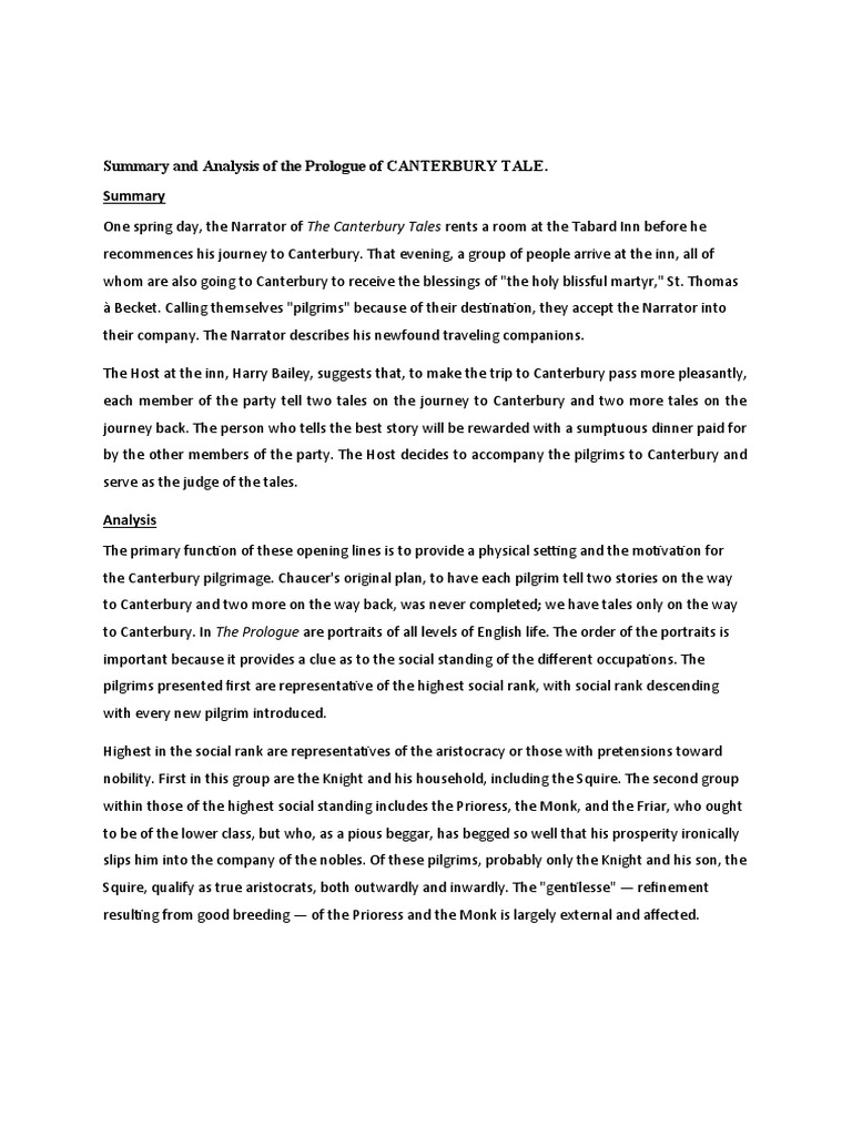 Summary and Analysis of The Prologue of CANTERBURY TALE | PDF | The ...