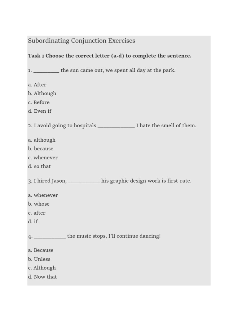 Subordinating Conjunction Exercises | PDF | Language Mechanics ...