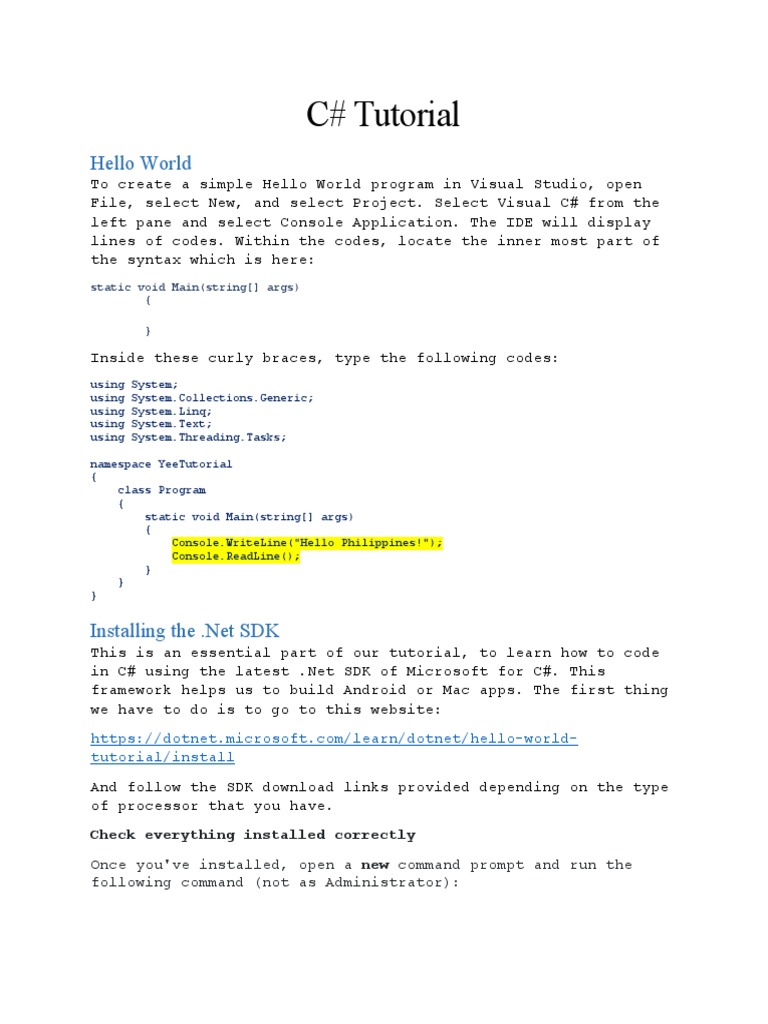 C# Tutorial: Hello World | Download Free PDF | C Sharp (Programming Language) | Software ...