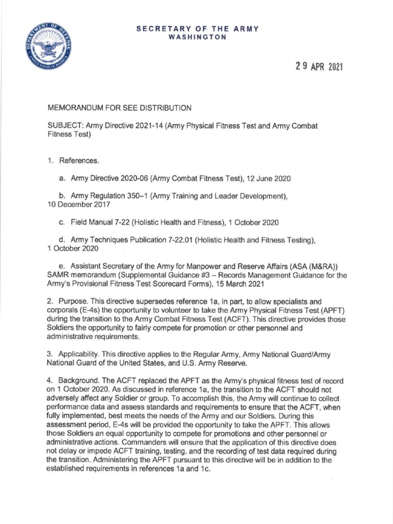 Army Directive On Use of The Army Physical Fitness Test (APFT) | PDF