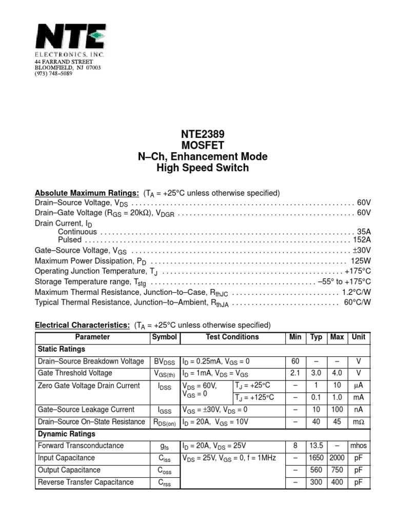 NTE2389 Mosfet N-CH, Enhancement Mode High Speed Switch: Absolute Maximum Ratings: (T | PDF ...