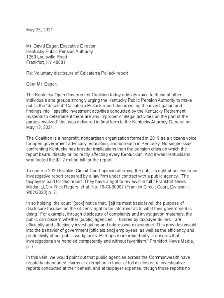 KPPA Letter From KOGC | PDF | Kentucky | Pension