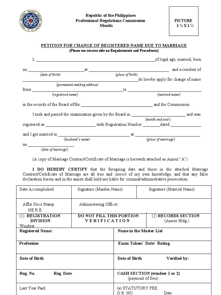 PRC Petition For Change of Registered Name Due To Marriage Form | PDF ...