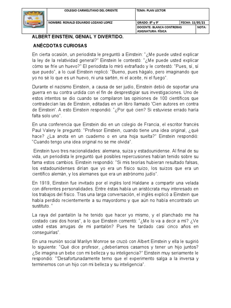 Plan Lector 2 Periodo 8y 9 Ronald Lozano 8 Grado | PDF | Albert Einstein