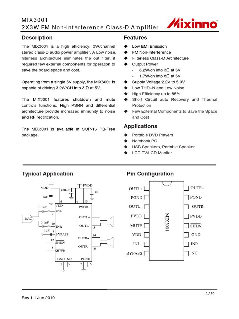 Description: MIX3001 2X3W FM Non-Interference Class-D Amplifier Features | PDF | Capacitor ...