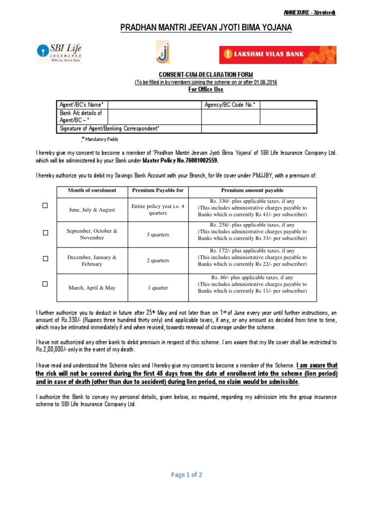 Pradhan Mantri Jeevan Jyoti Bima Yojana: Consent-Cum-Declaration Form ...